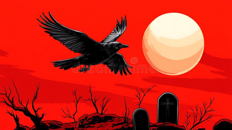 Crow Flying Over Graveyard Under Full Moon Stock Illustration ...