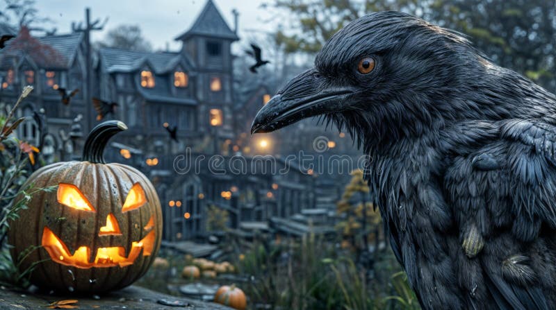A Crow in Front of a Haunted House Stock Illustration - Illustration of ...