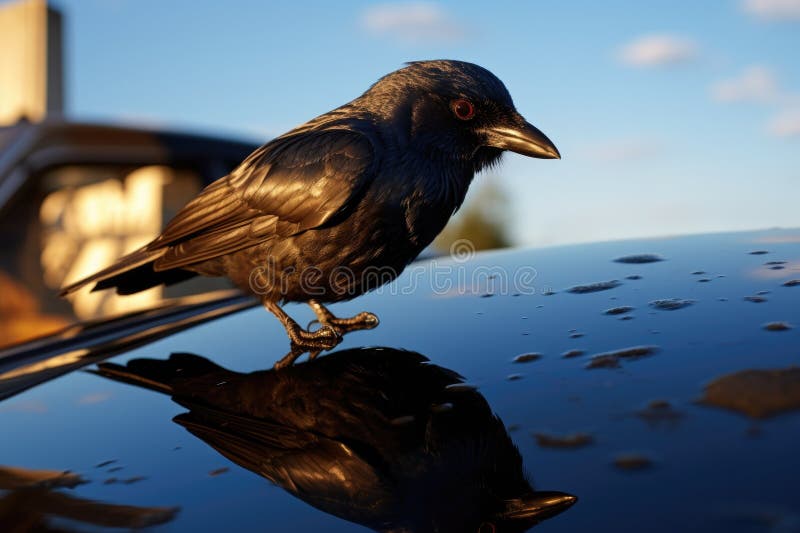 A Crow Looking at Its Reflection on a Shiny Car Bonnet Stock Photo ...