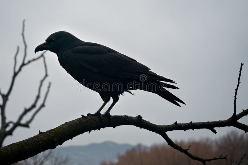 A Crow Perched on a Barren Tree Branch Stock Illustration ...