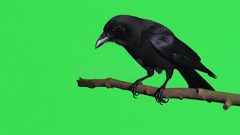 A Crow Perched on a Branch with a Green Chroma Screen Background, Ready ...