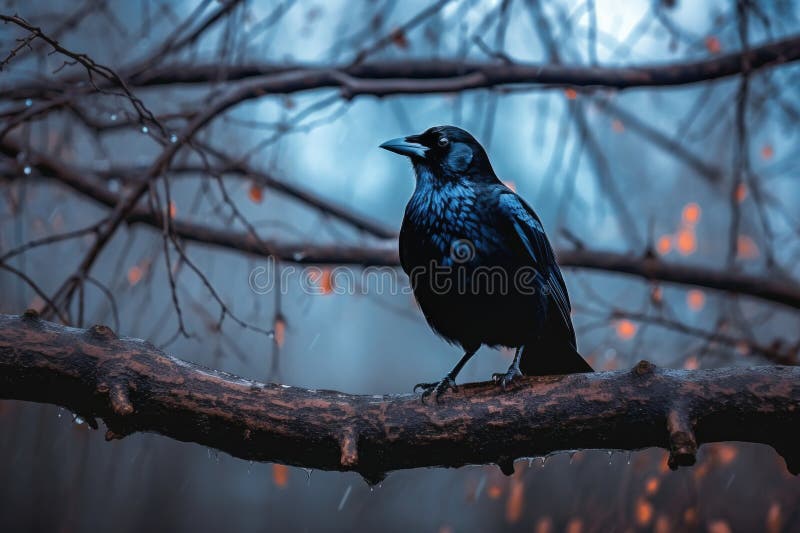 A Crow Perched on a Branch, Staring Ominously at the Camera Stock ...