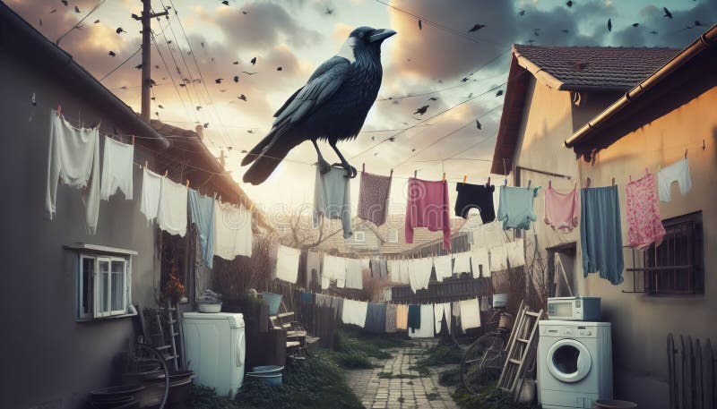A Crow Perched on a Clothesline Surrounded by Laundry Flapping I Stock ...