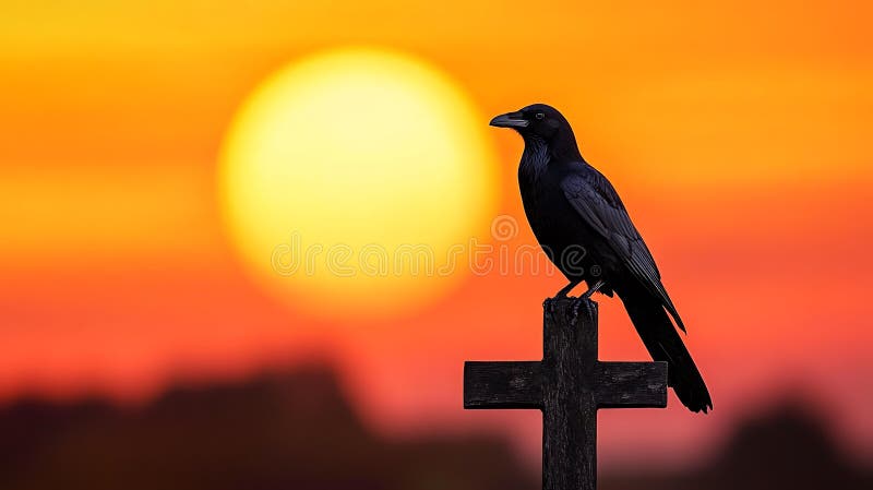 Crow Perched on Cross Under a Full Moon Stock Illustration ...