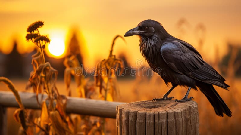Happy Crow on Farm Fence Post with Lush Corn Field Background Stock ...