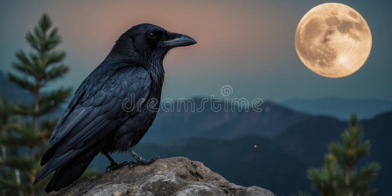 A Crow is Perched on a Rock in Front of a Full Moon. Stock Illustration ...