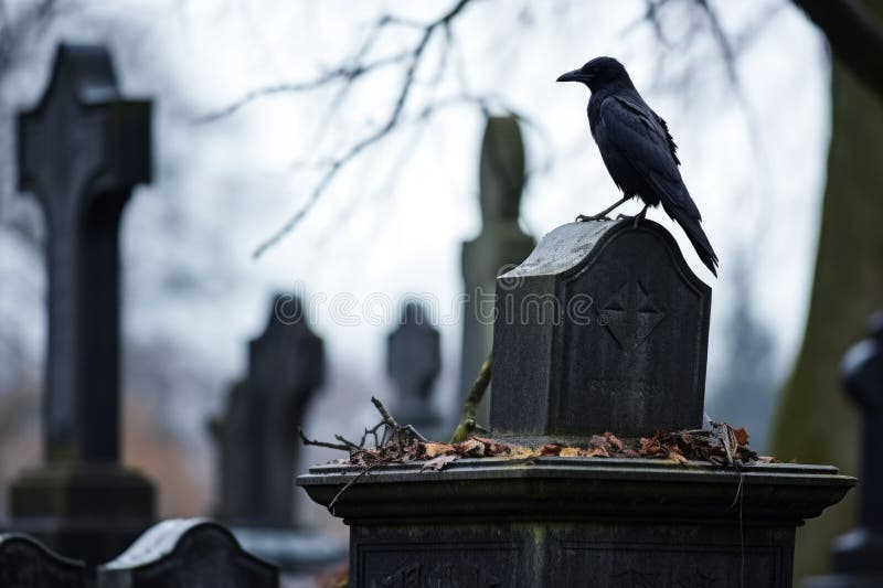 A Crow Perched on a Tombstone in an Abandoned Graveyard Stock Photo ...
