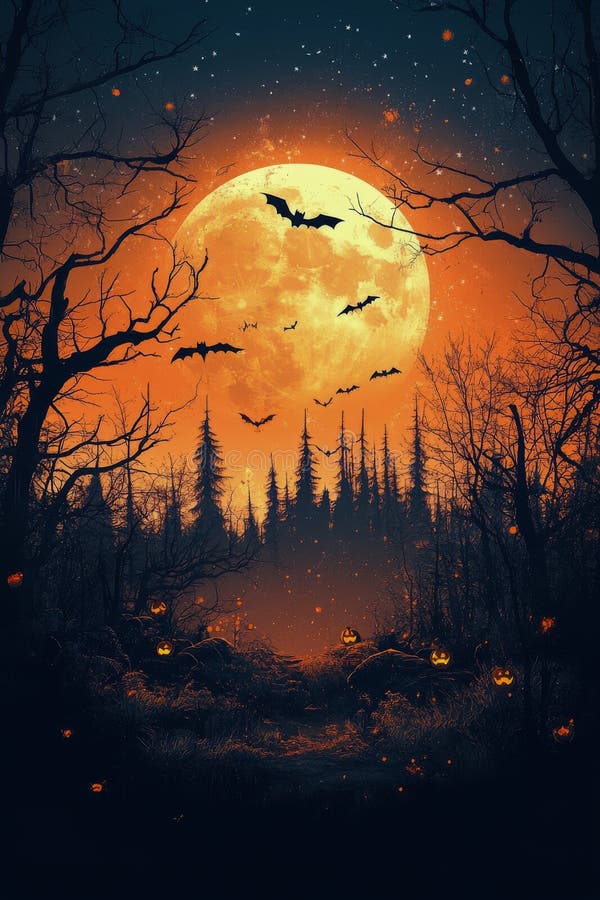 A Crow Perched on a Tree Against a Full Moon and Flying Bats at Dusk ...