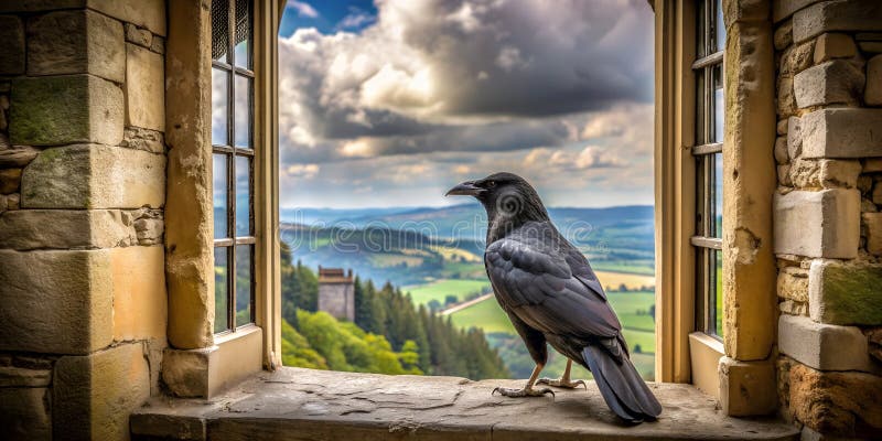 Crow Perched in a Window and a Medieval Landscape in the Background AI ...