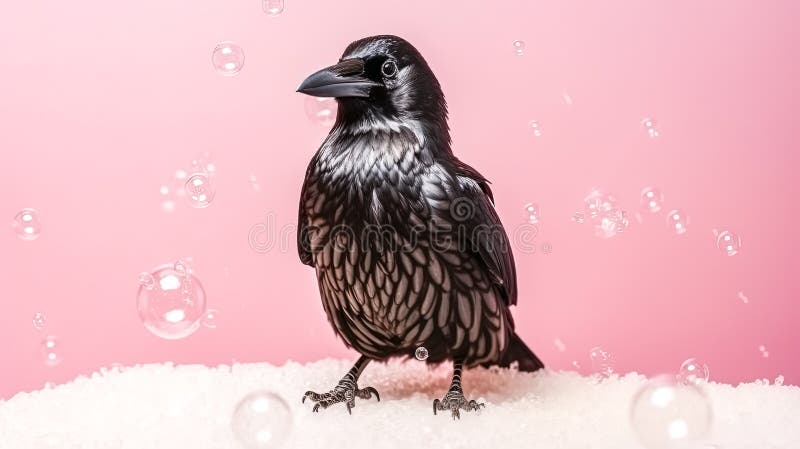 A Crow Perches on a Table, Surrounded by Soap Bubbles Stock Photo ...