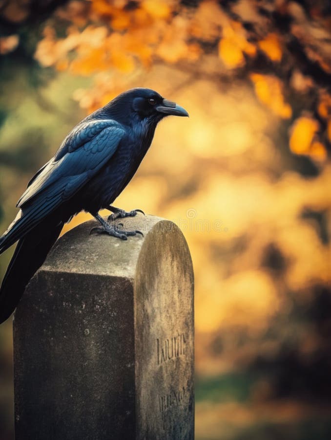 A Crow Resting on a Gravestone in Autumn Stock Illustration ...