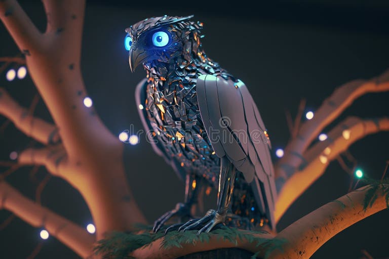 Crow Robotic Cyber Bird on Tree Illustration Generative AI Stock ...