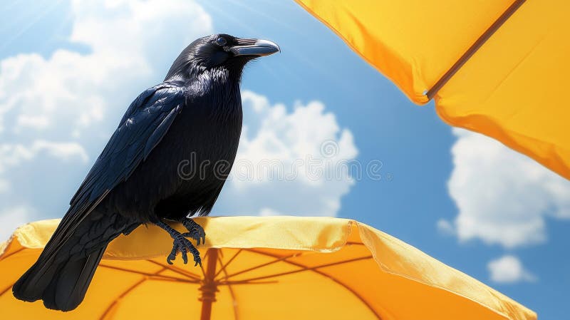 A Crow Sat on a Yellow Beach Umbrella Under a Sunny Sky by the Seaside ...