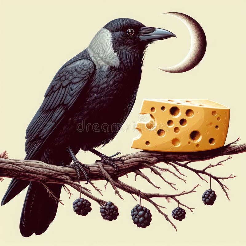 A Crow Sits with Cheese on a Branch. Stock Illustration - Illustration ...