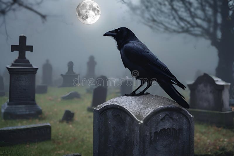 Crow on a Tombstone with Cloudy Sky and Moon in the Background. Stock ...