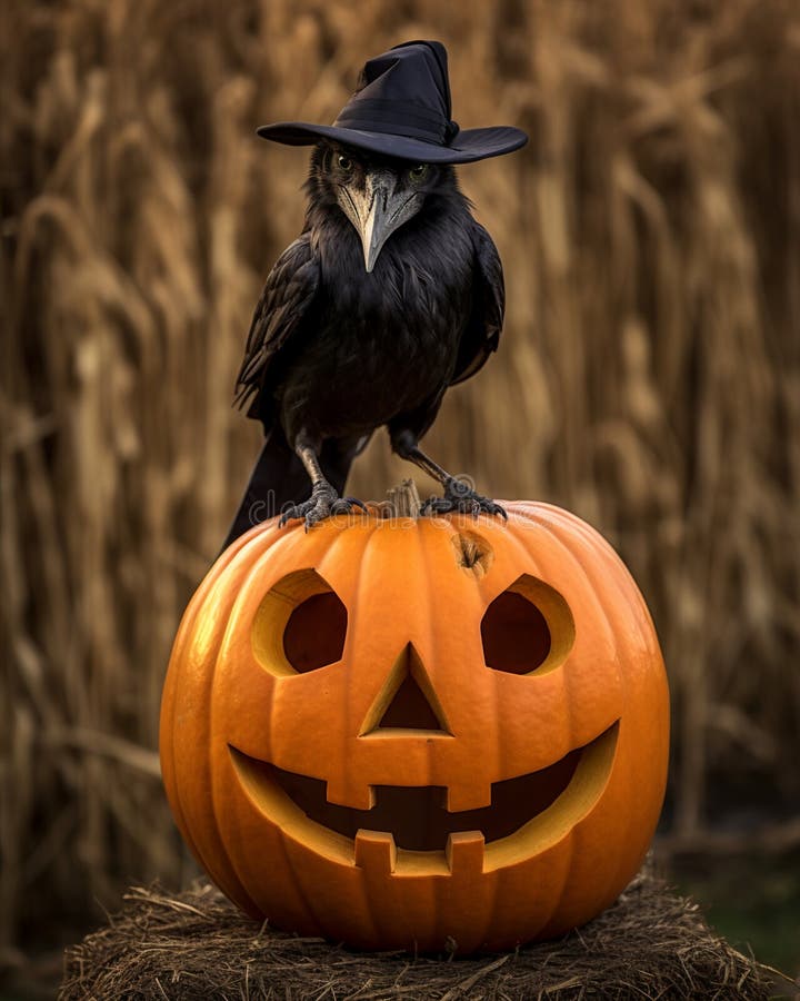 Crow Sitting on a Halloween Pumpkin Stock Illustration - Illustration ...