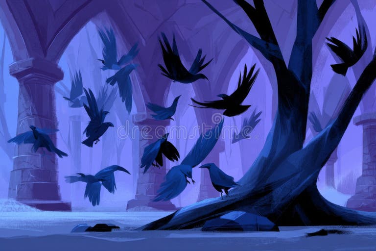 A Crow Sitting by Itself on a Tree Broken by the Forces of Nature, Set ...