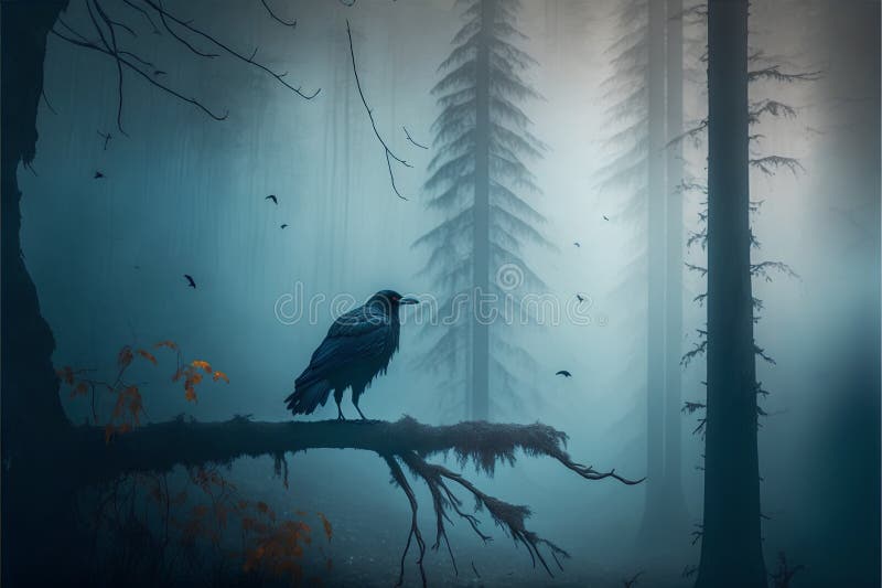 Crow Standing on a Branch in the Foggy Forest. Vector Illustration ...