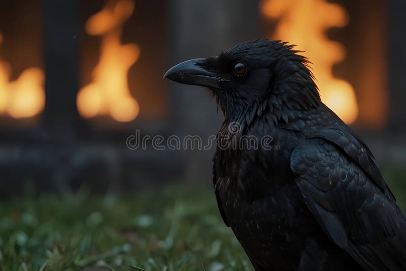 A Crow Stands on the Ground in Front of a Fire Amidst the Blazing ...