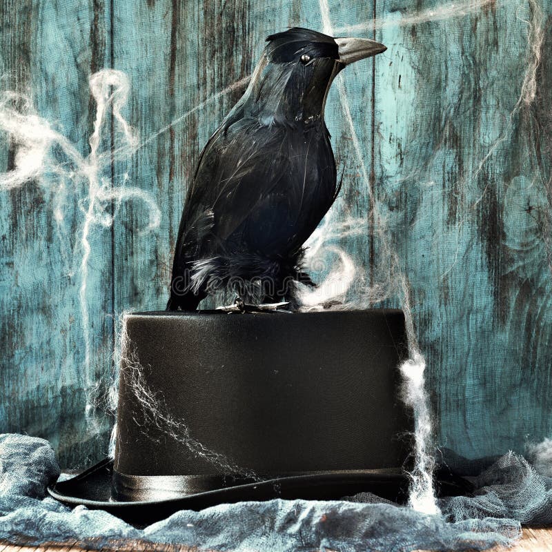 Crow on a Top Hat in a Dismal Scene Stock Image - Image of cobwebs ...