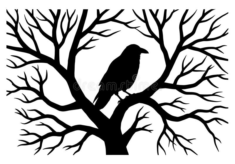Crow in tree silhouette stock vector. Illustration of nature - 377654810