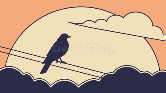Crow on Wire Against Sunset Sky Vector Illustration, Vector Design ...