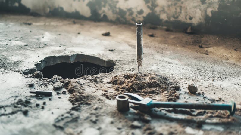 Crowbar and Screwdriver Next To a Large Hole in the Concrete Floor of ...