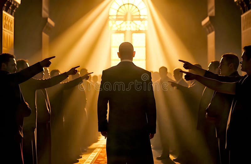 A Crowd Accuses an Individual of Harassment Under Dramatic Lighting in ...