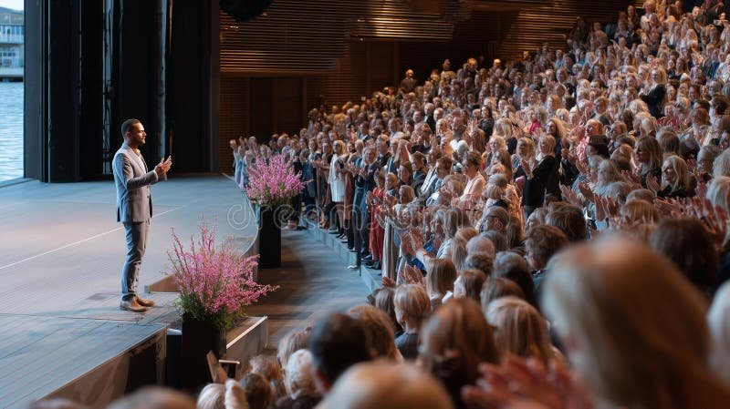 Crowd Applauding Speaker on Stage at a Conference in an Auditorium by ...