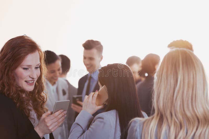 Crowd of Businesspeople Working Together in Bright Office Interior with ...