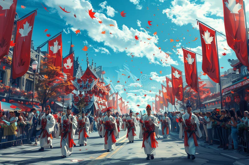 Crowd with Canadian Flags at Canada Day Parade in the City Stock Image ...