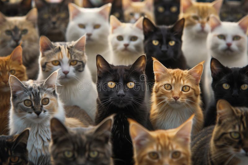 A Crowd of Cats of Different Breeds and Colors is Looking at the Camera ...
