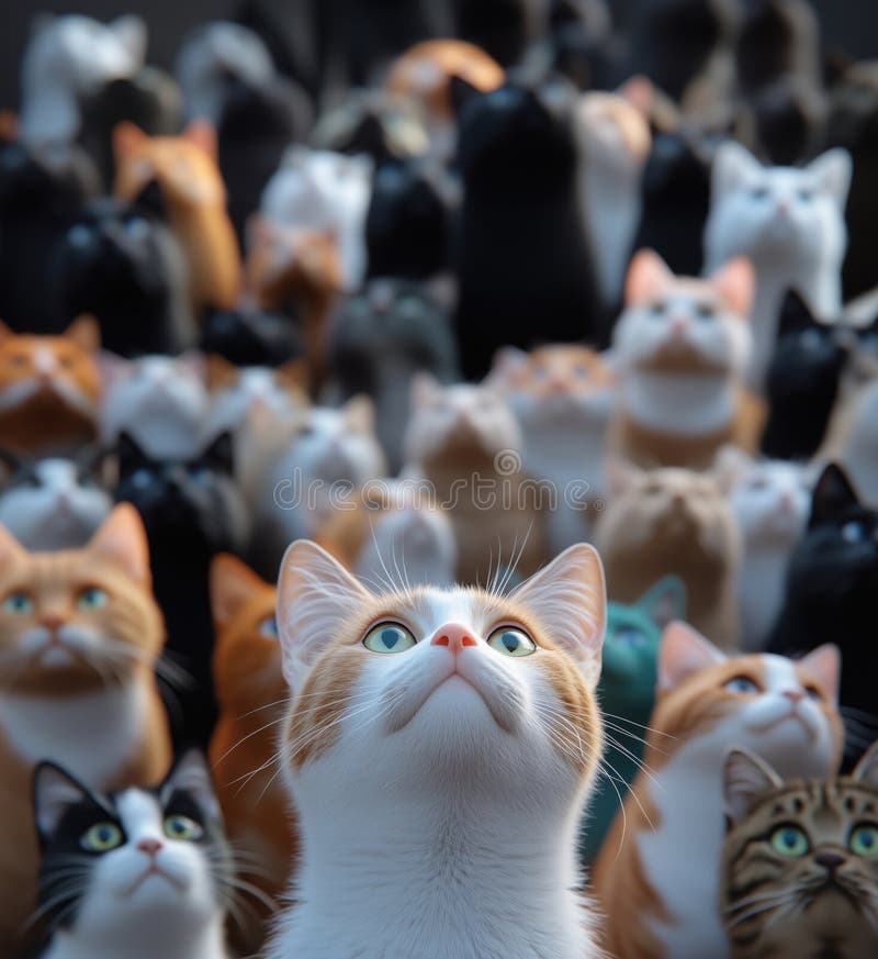 Crowd of Cats Looking Upwards with Various Breeds and Colors in Focus ...