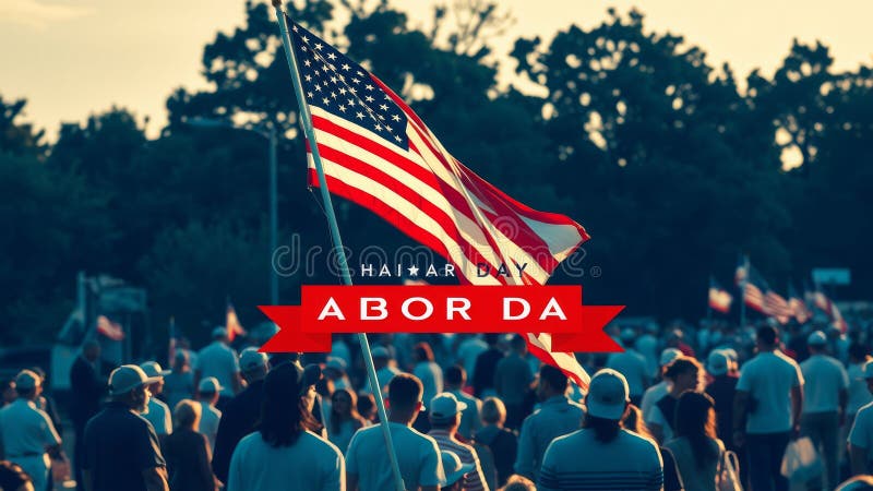 A Crowd Celebrates Labor Day with an American Flag Stock Illustration ...