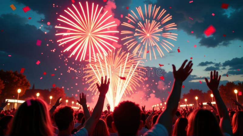 Crowd Celebrating with Fireworks at Night Stock Illustration ...