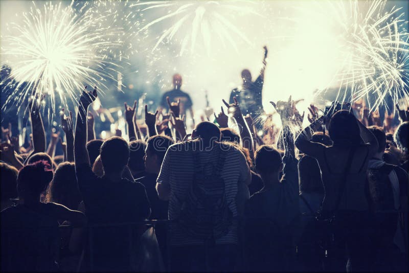 Crowd Celebrating with Fireworks Editorial Stock Photo - Image of dark ...