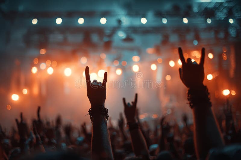 Crowd Celebrating Live Music Festival Performance with Hands in the Air ...