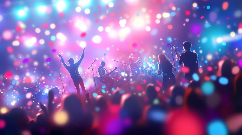 Crowd Celebration at Night Concert with Colorful Confetti Stock Image ...