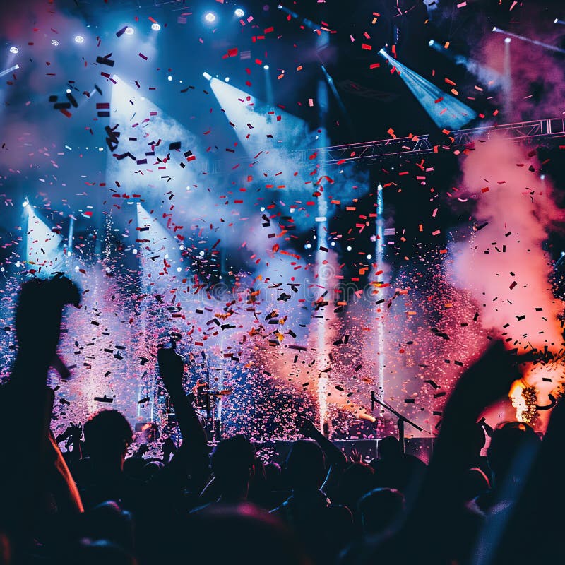 Crowd Cheering at a Concert with Confetti and Stage Lights Stock Image ...