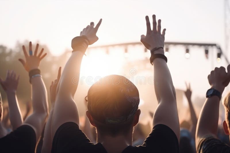 Crowd Cheering With Hands Raised At A Music Festival Rear View Generative Ai Stock