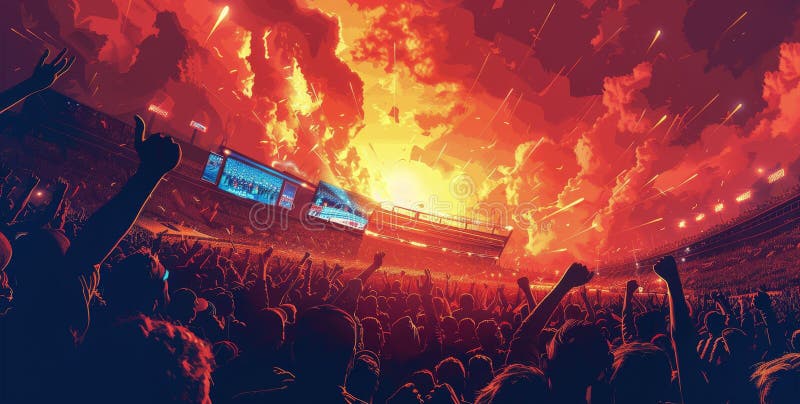 Crowd Cheering Under a Dramatic Red Sky at a Concert Stock Image ...