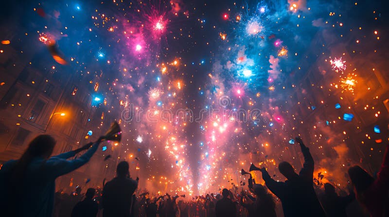 Crowd Cheering during a Vibrant Fireworks Display at Night Stock ...