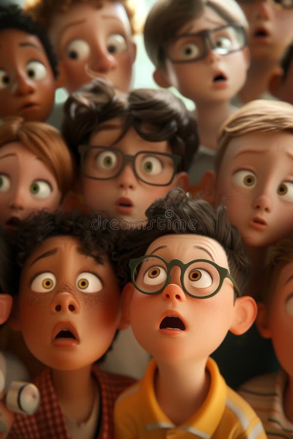 A Crowd of Children with Frightened Expressions on Their Faces. 3d ...