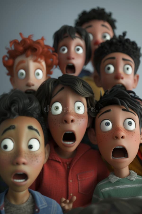 A Crowd of Children with Frightened Expressions on Their Faces. 3d ...
