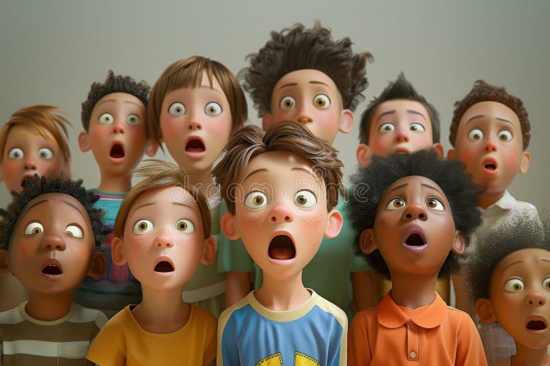 A Crowd of Children with Frightened Expressions on Their Faces. 3d ...