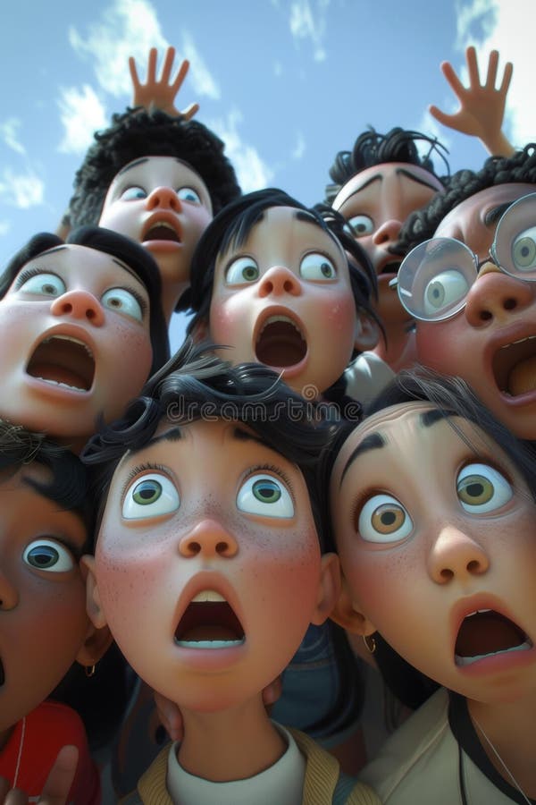 A Crowd of Children with Frightened Expressions on Their Faces. 3d ...