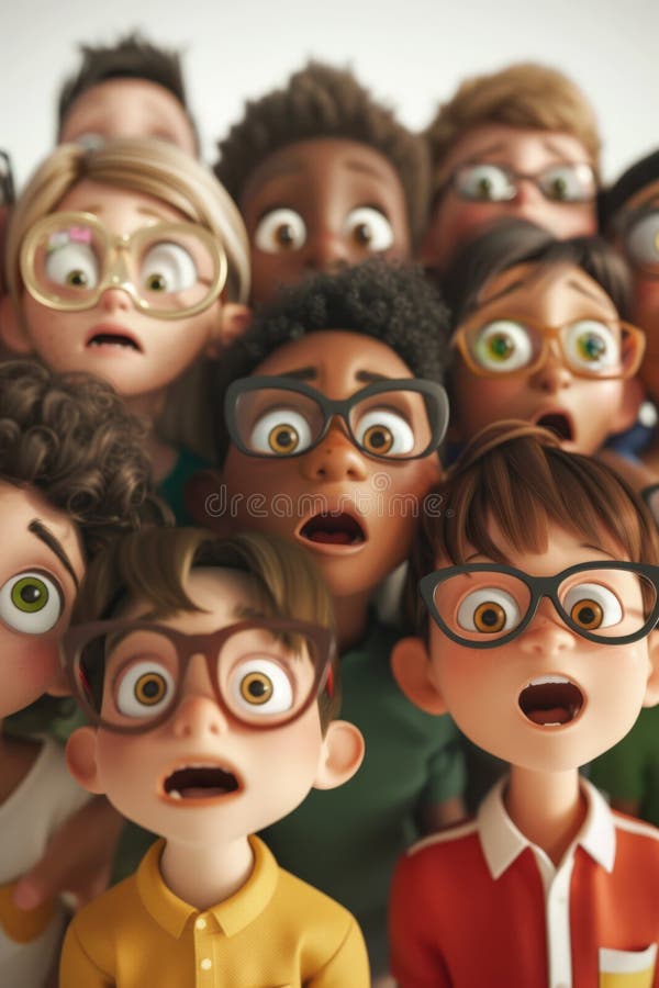 A Crowd of Children with Frightened Expressions on Their Faces. 3d ...