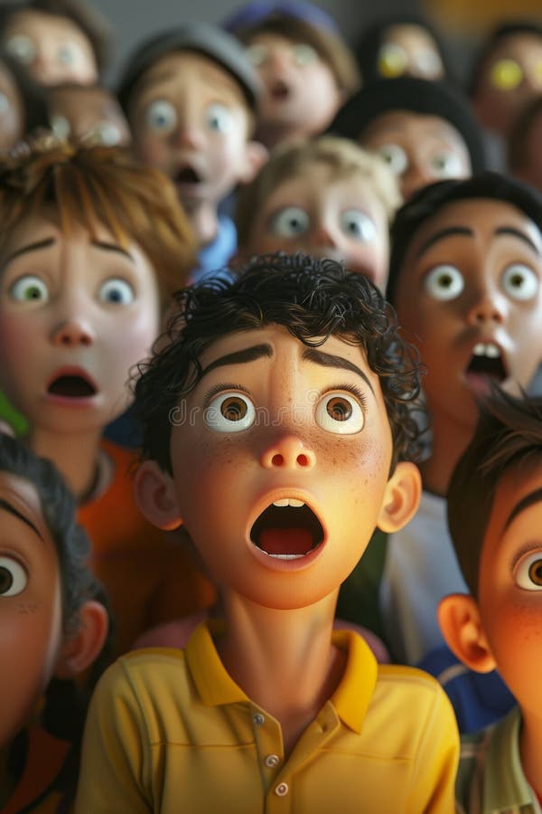 A Crowd of Children with Frightened Expressions on Their Faces. 3d ...