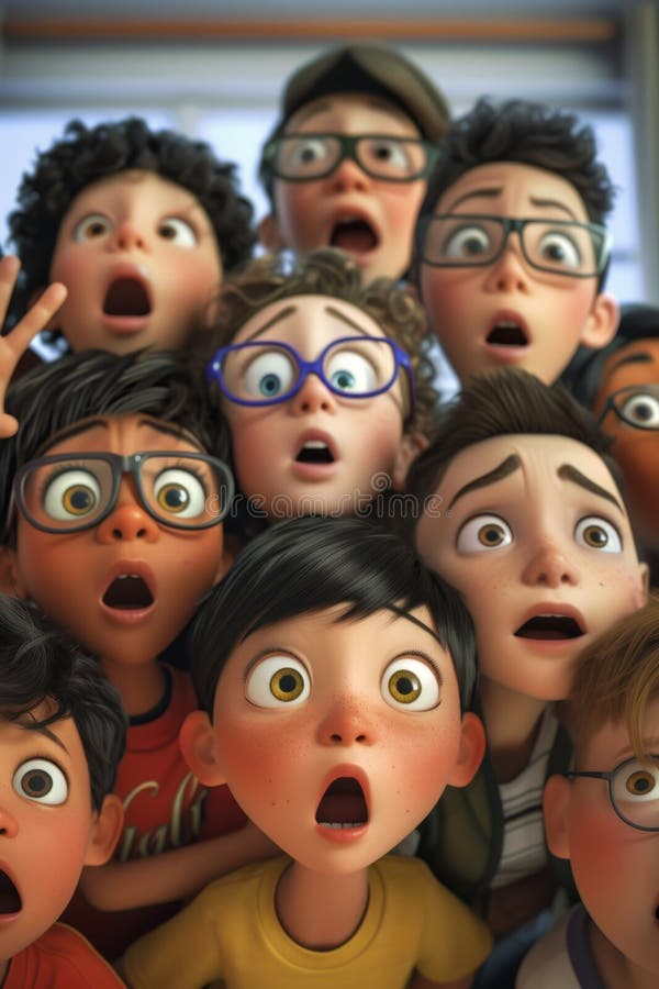 A Crowd of Children with Frightened Expressions on Their Faces. 3d ...