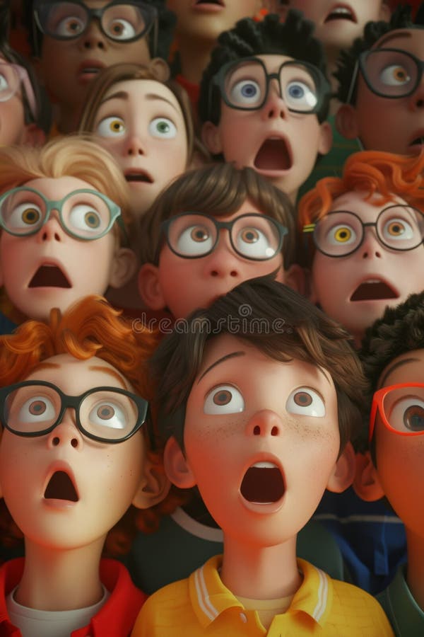A Crowd of Children with Frightened Expressions on Their Faces. 3d ...